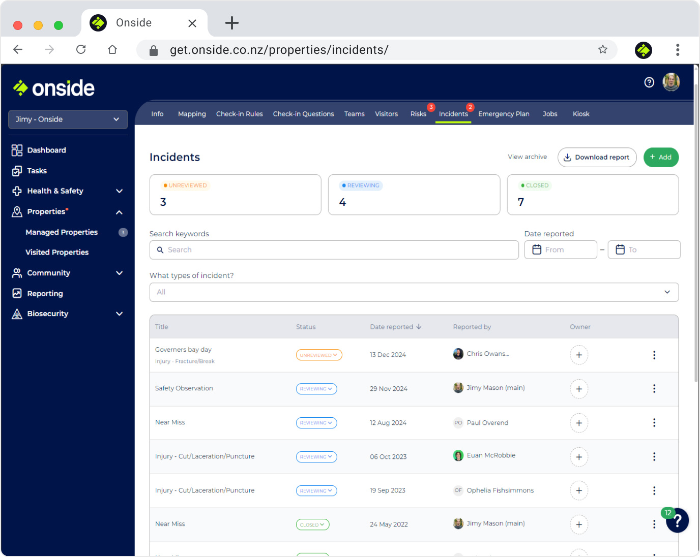 How do I manage incidents in Onside?